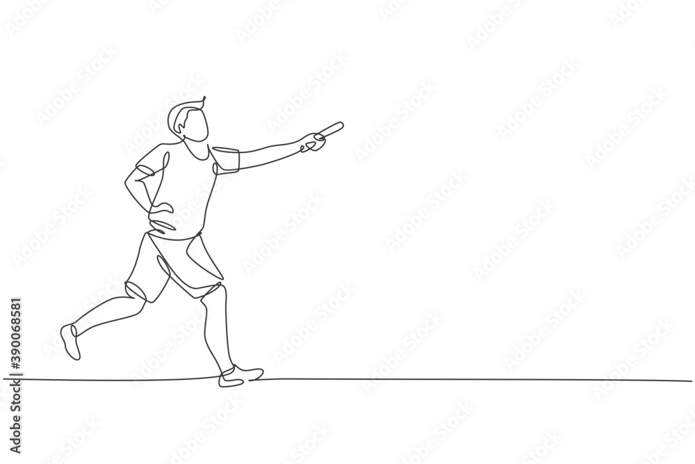 One single line drawing young happy runner man try to pass baton stick ...