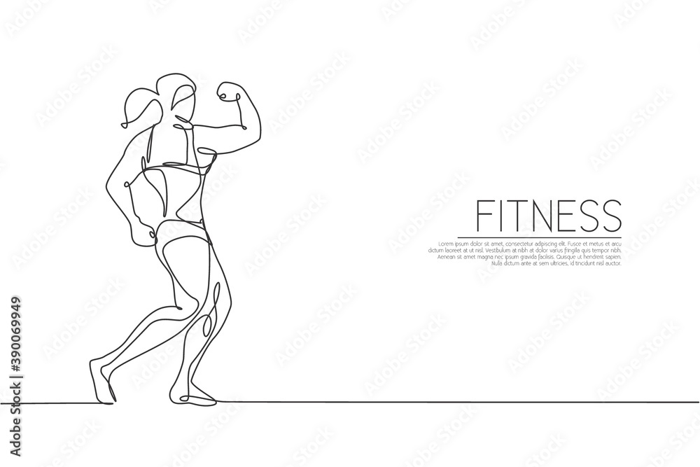 Vector de Stock One single line drawing of young energetic model woman bodybuilder pose vector ...