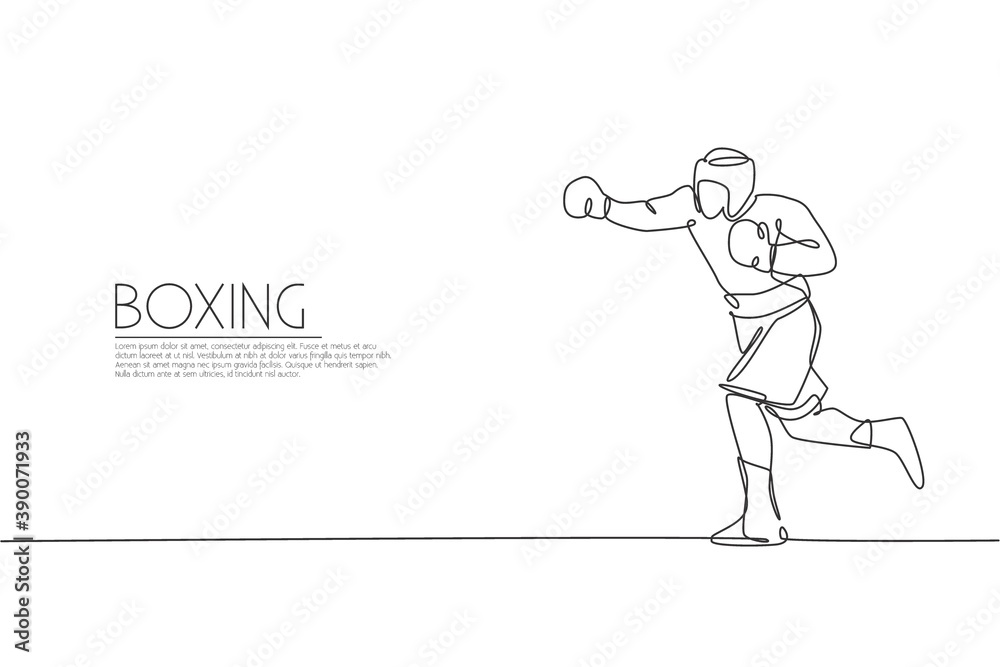 One continuous line drawing of young sporty man boxer practice his hook ...