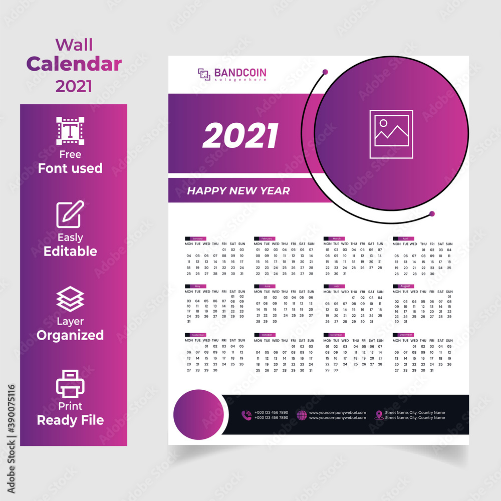 2021 wall calendar template design in editable illustrator vector file ...