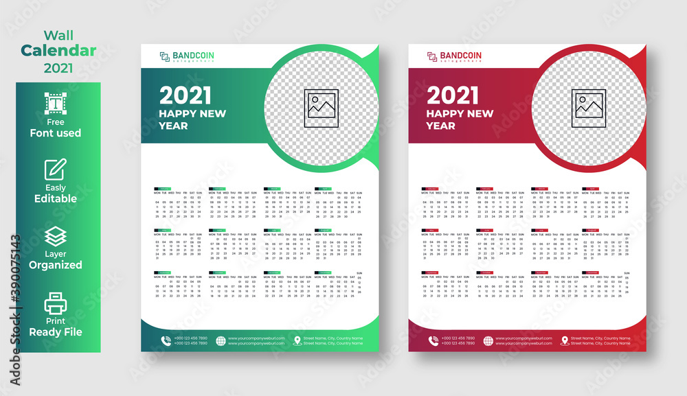 2021 wall calendar template design in editable illustrator vector file ...