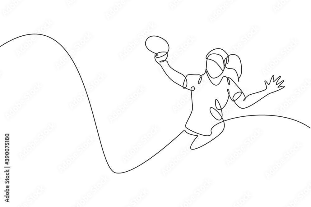 One single line drawing of young energetic woman table tennis player ...