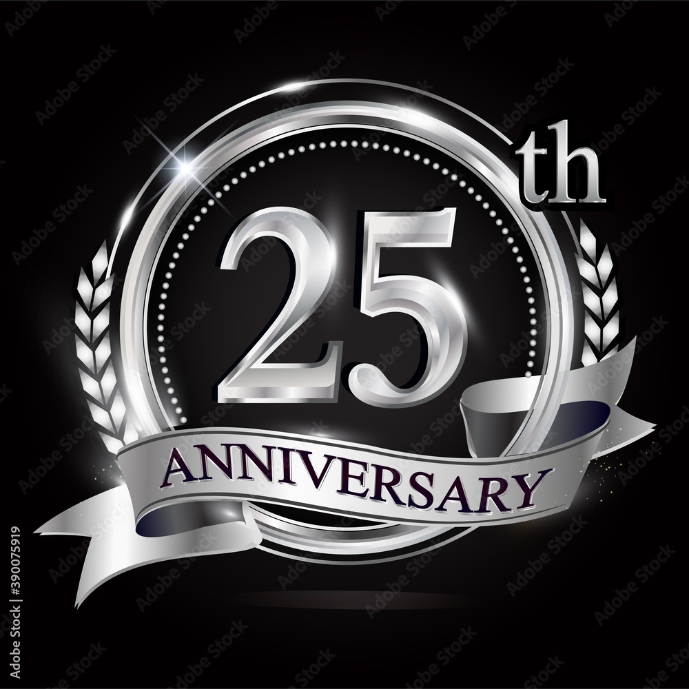 Celebrating 25th anniversary logo, with silver ring and ribbon. Stock ...