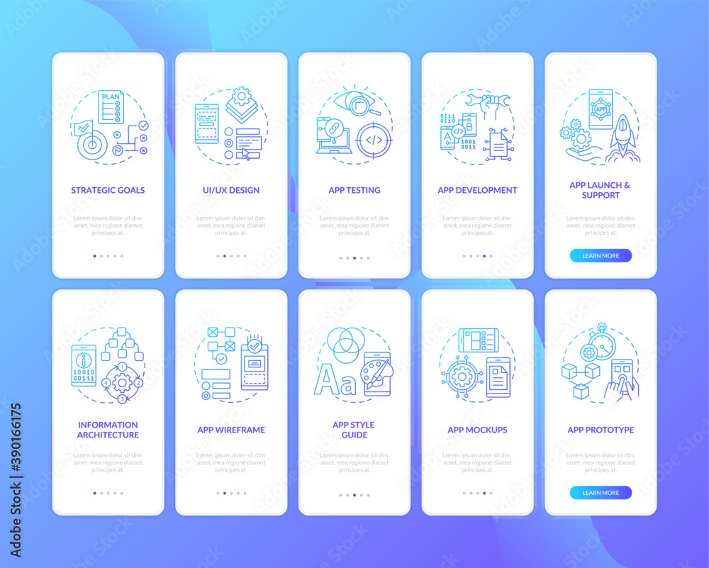 Vector de Stock Mobile app development onboarding mobile app page screen with concepts set. App ...
