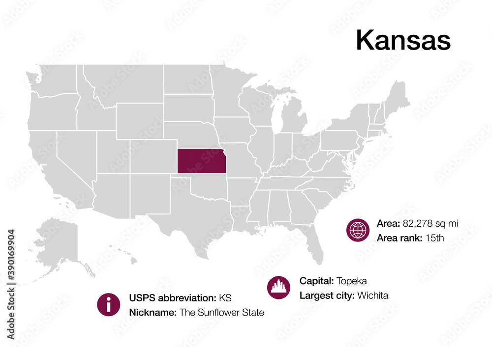 Map of Kansas state with political demographic information and biggest ...