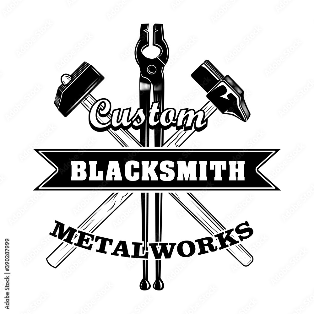 Crossed blacksmiths tools vector illustration. Hammers and pliers ...