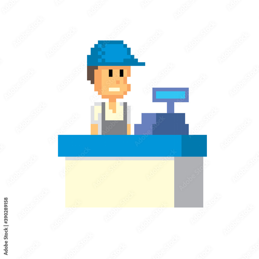The seller stands behind the cash register in a store, supermarket ...