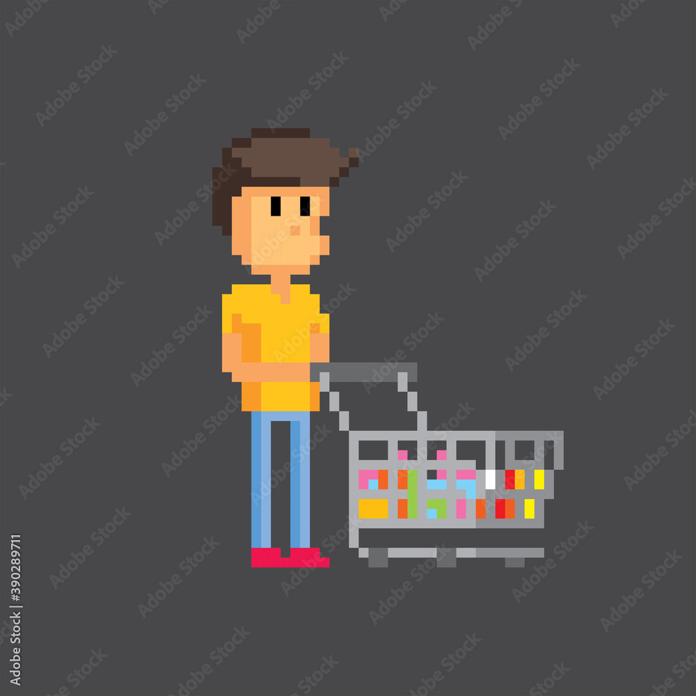 Male shopper with a full shopping cart. Pixel art. Old school computer ...