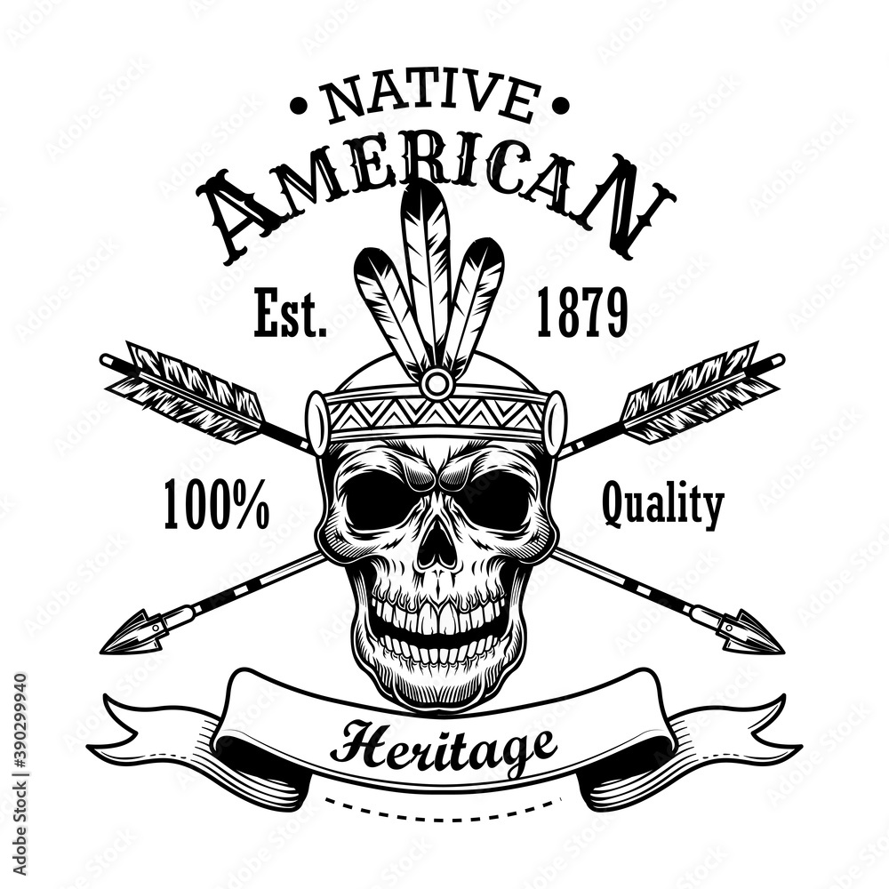 Native American heritage vector illustration. Skull in feather hairband ...
