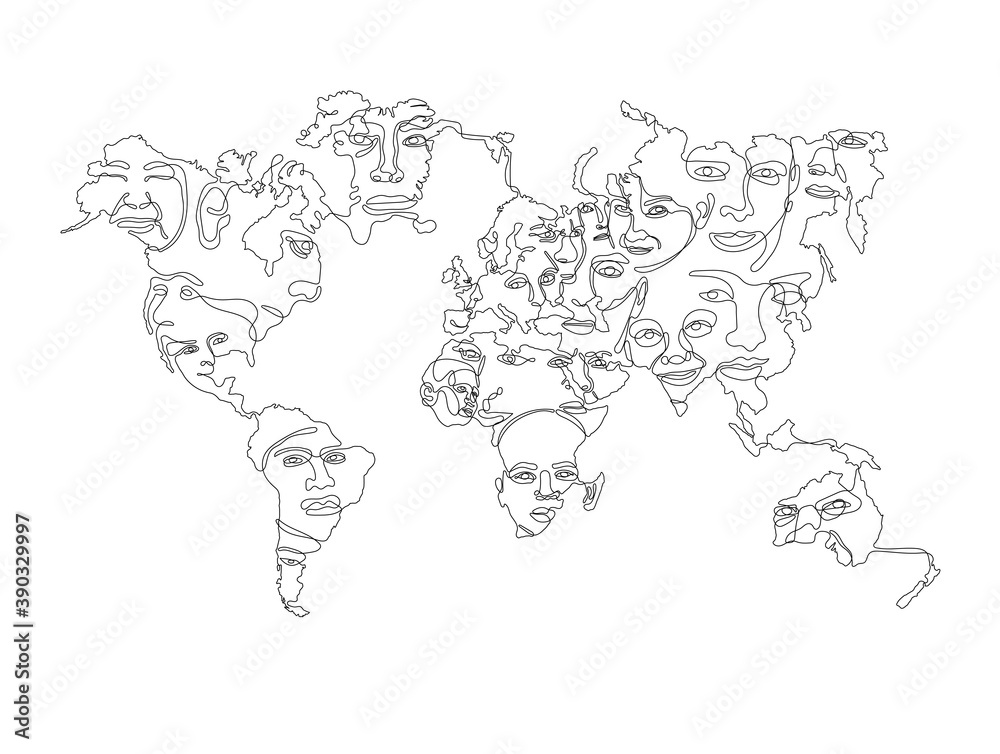 World map with faces of native people continuous line art, not expanded ...