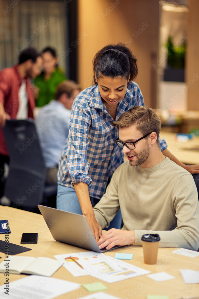 Mentoring in office. Two young multiracial colleagues using laptop and ...