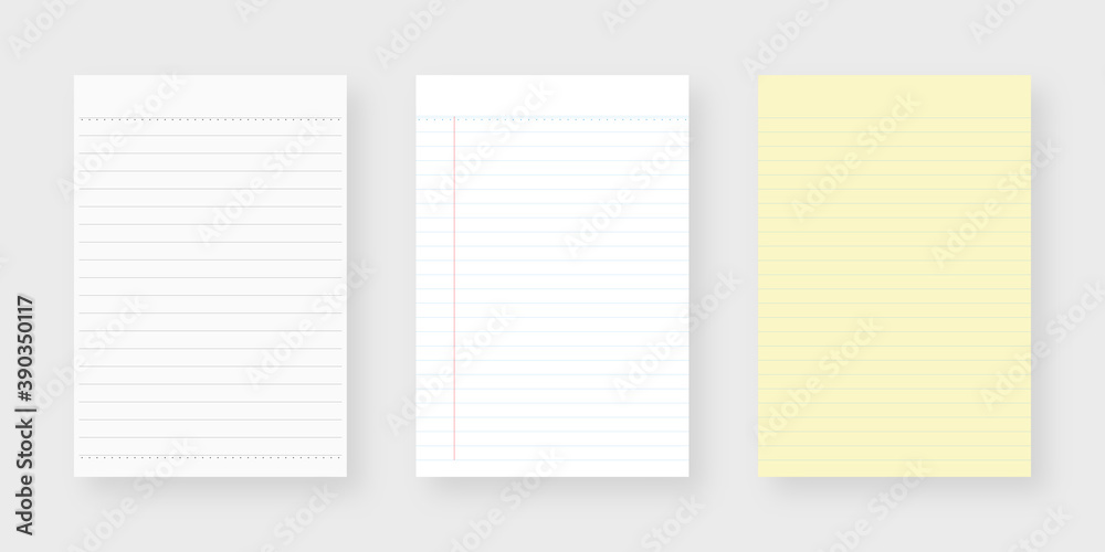 Notebook paper set. Sheet of lined paper template. Mockup isolated ...