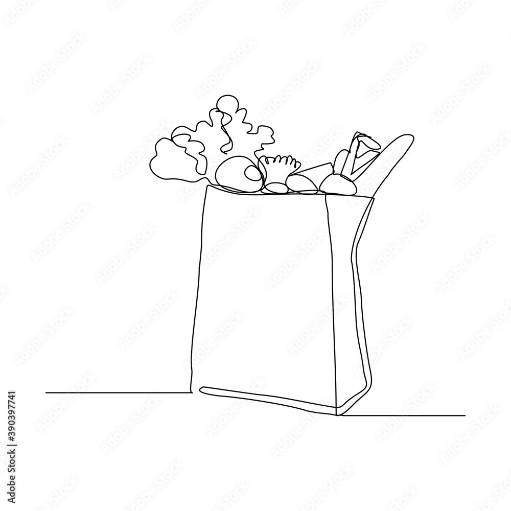 Continuous line drawing of shopping grocery paper bag full of fresh ...