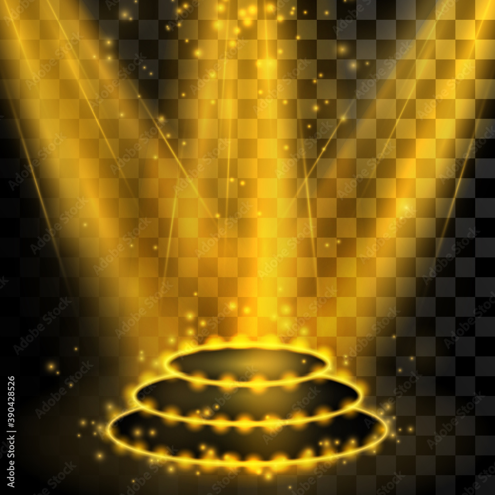 Illuminated gold stage round Podium on black transparent background ...