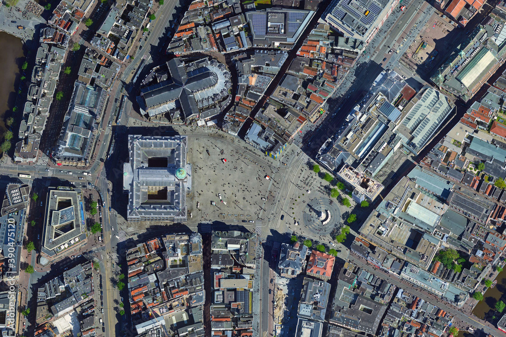 City of Amsterdam bird’s eye view Dam Square, looking down aerial view ...