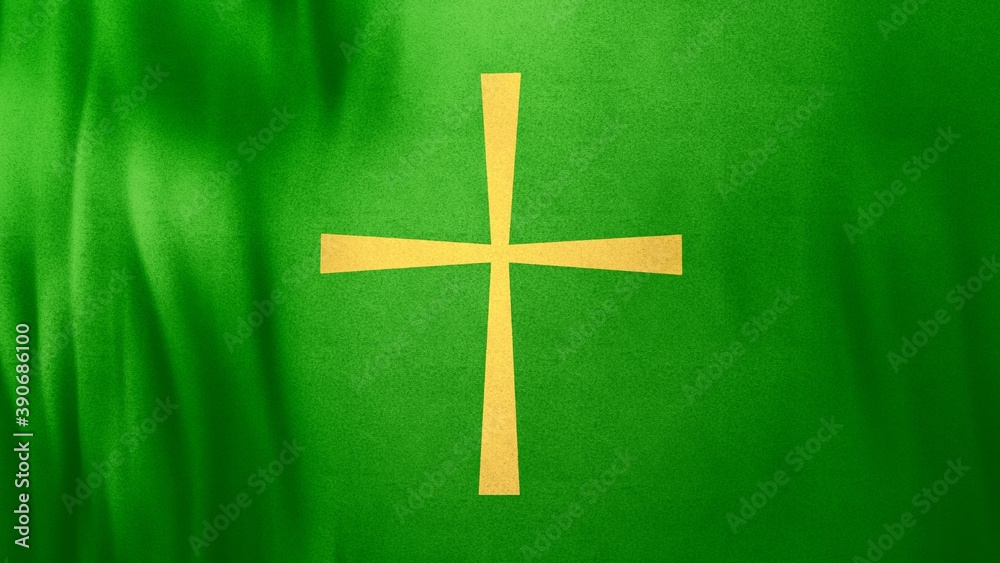 Waving flag of Byzantine Christian Cross on liturgic green. 3D ...