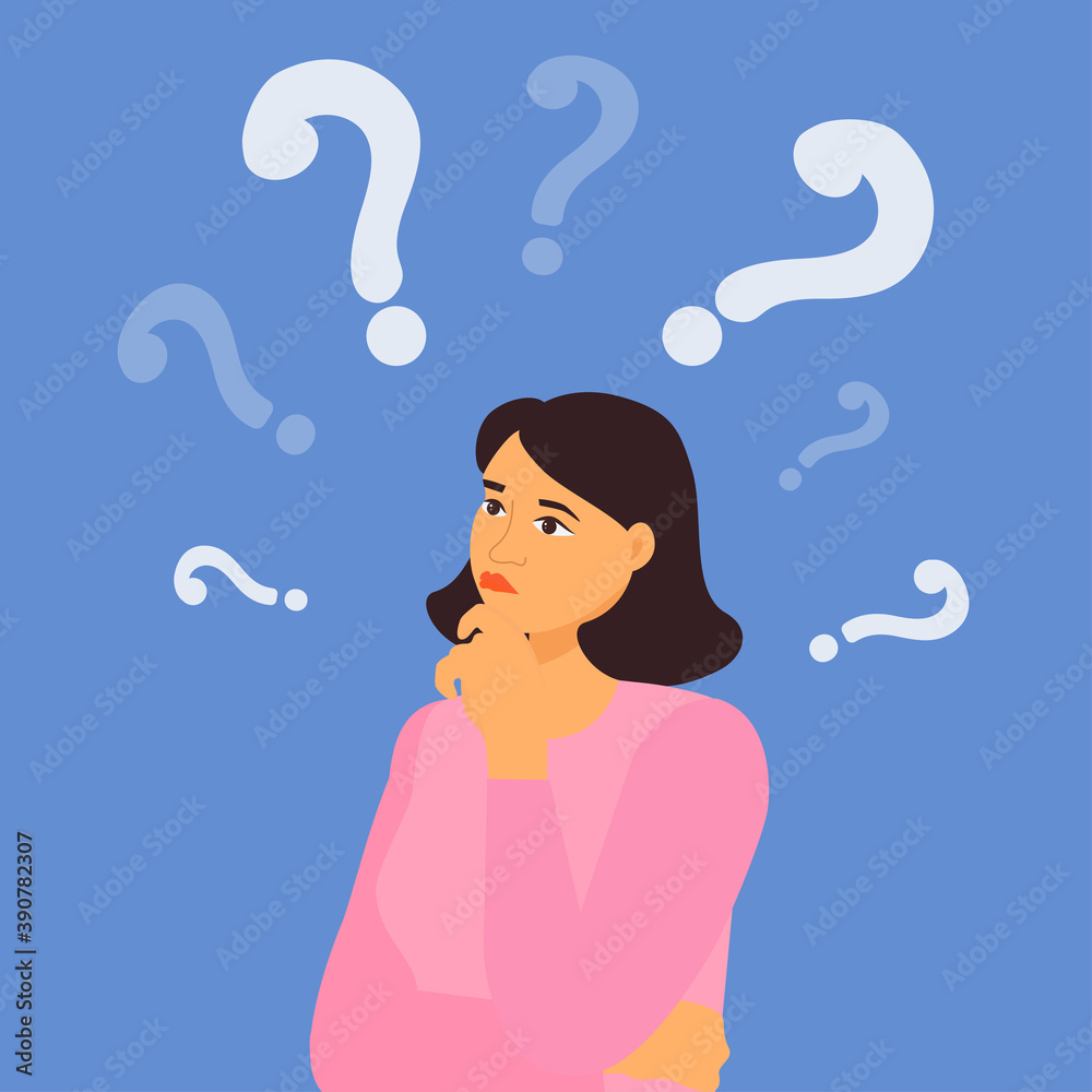Young girl in doubt near question mark vector illustration. Vector ...