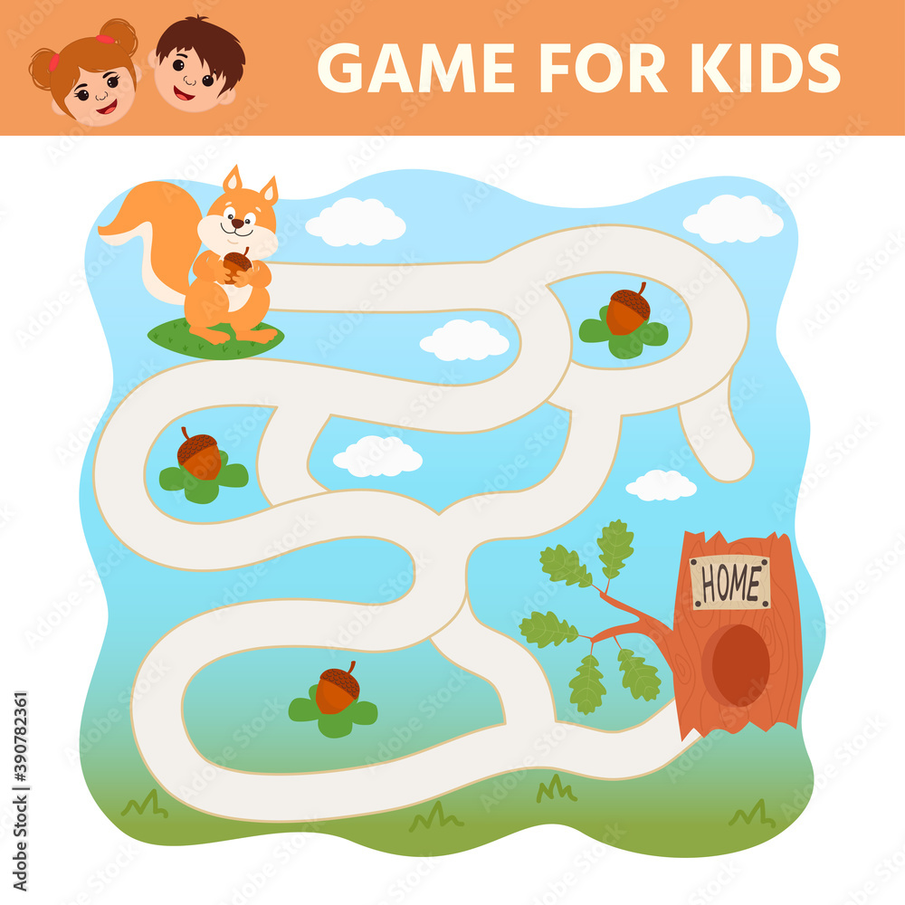 Education game for children. Maze. Help the squirrel get to the tree ...