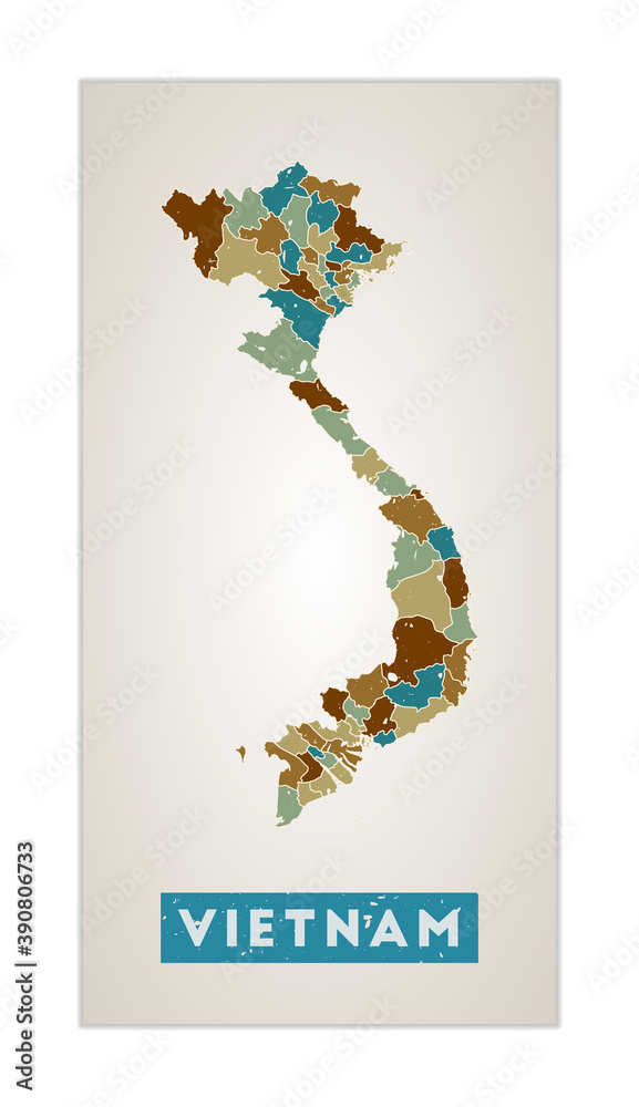 Vietnam map. Country poster with regions. Old grunge texture. Shape of ...
