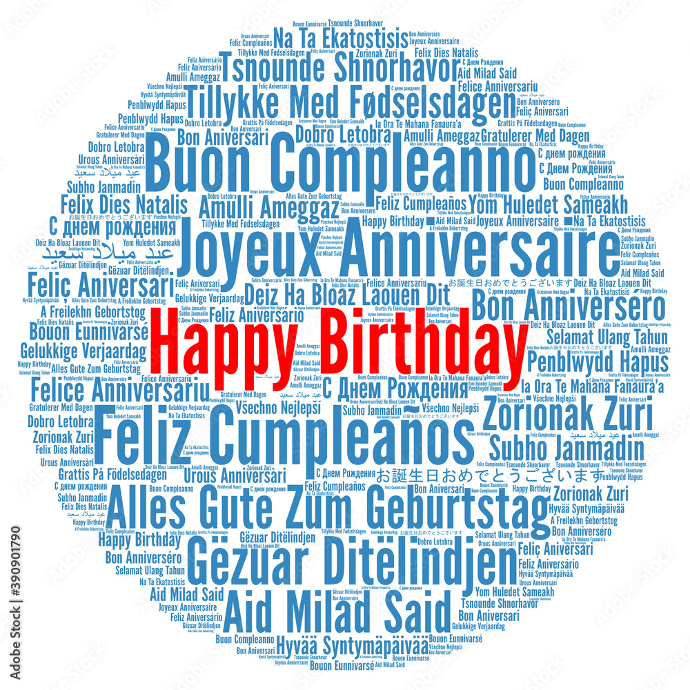 Happy Birthday in different languages word cloud Stock Illustration ...