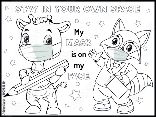 Cute cartoon animals wearing face medical mask. Covid-19 protection ...