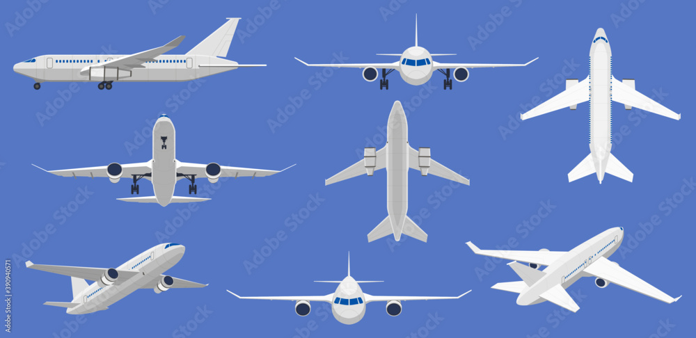 Airplane flight. Aircraft plane in front, side and top view, passenger ...