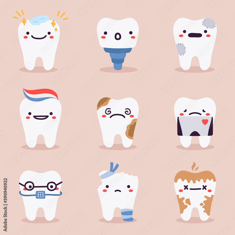Cute teeth mascots. Dental teeth characters with dentistry problems ...
