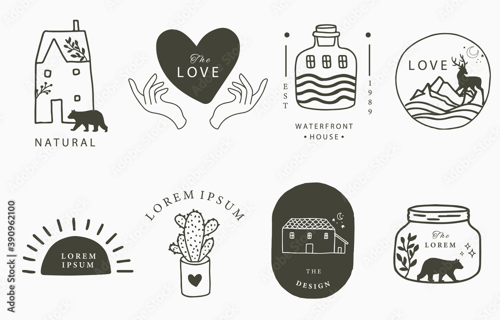 Beauty occult collection with cactus,deer,bear,flower,house.Vector ...