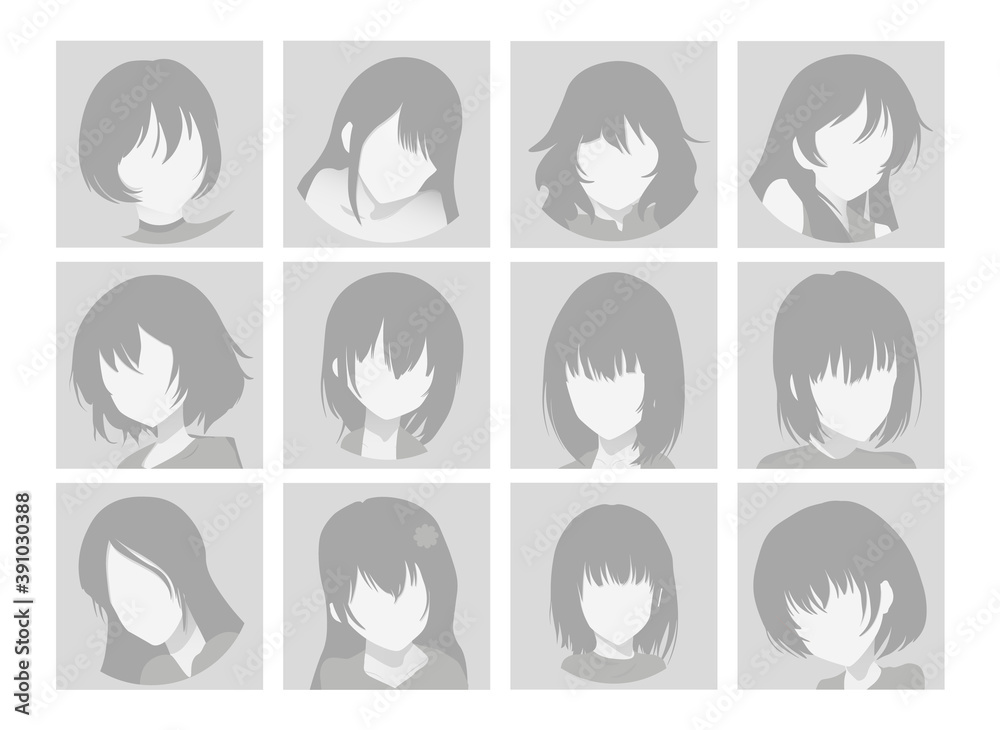 Vector Set of Anime Faces with Hair. Flat Gray Icons of Girls for Web ...