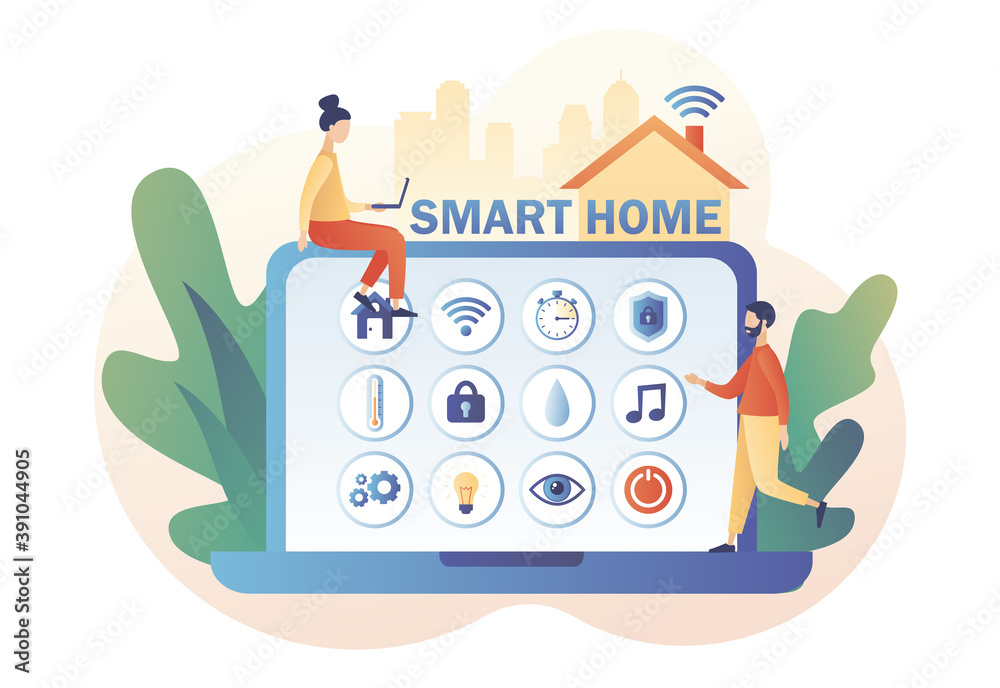 Smart home concept. Tiny people control of lighting, heating ...