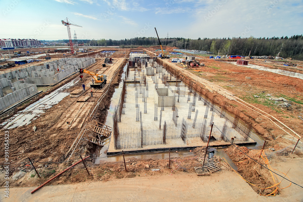 foundation pit for construction of residential building is flooded ...