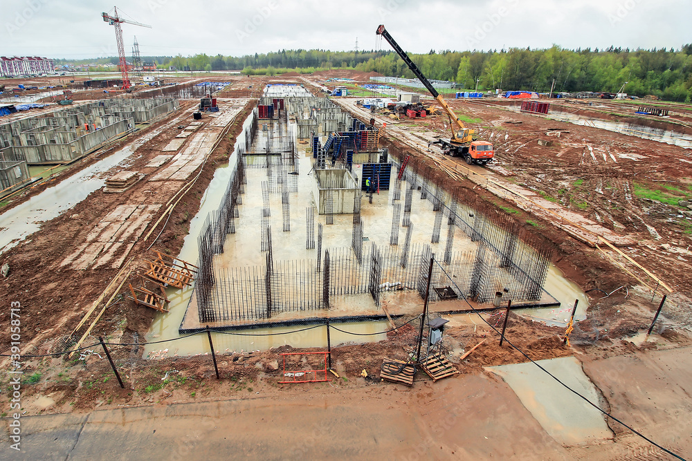 foundation pit for construction of residential building is flooded ...