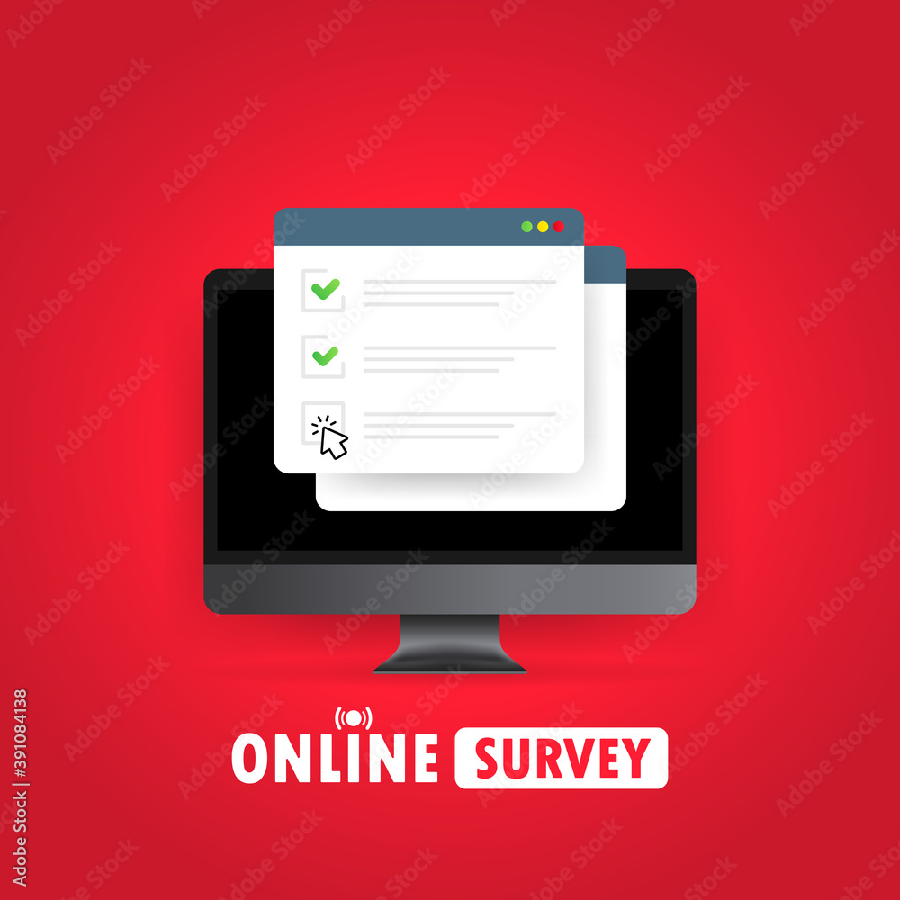 Online survey illustration. Check list online form on computer. Report on website or web ...
