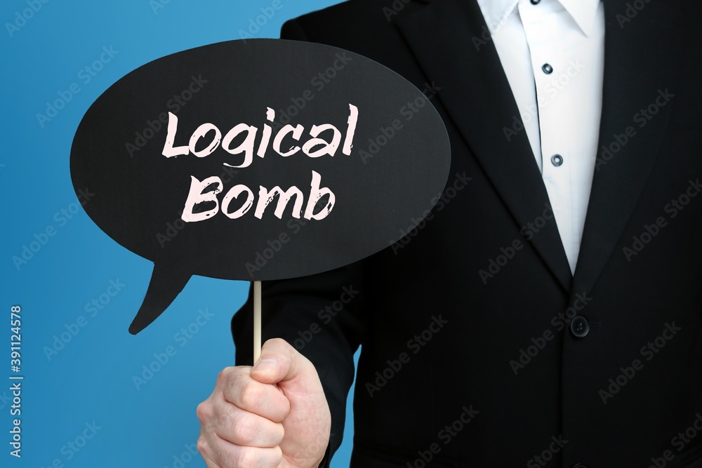 Logical Bomb. Businessman holds speech bubble in his hand. Handwritten ...