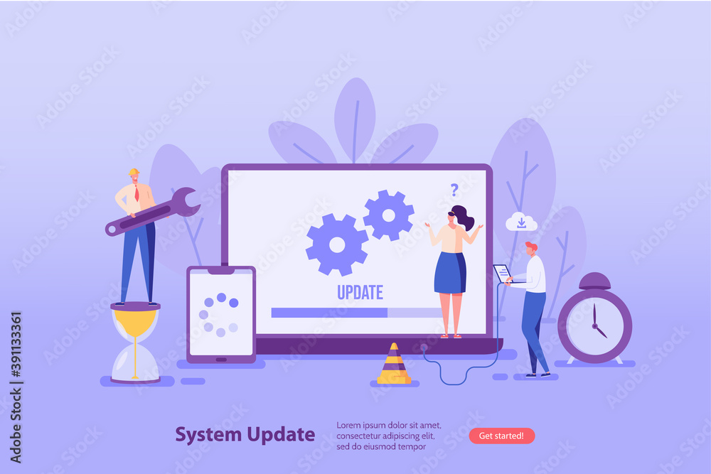 People updating operation system with progress bar. Software upgrade ...