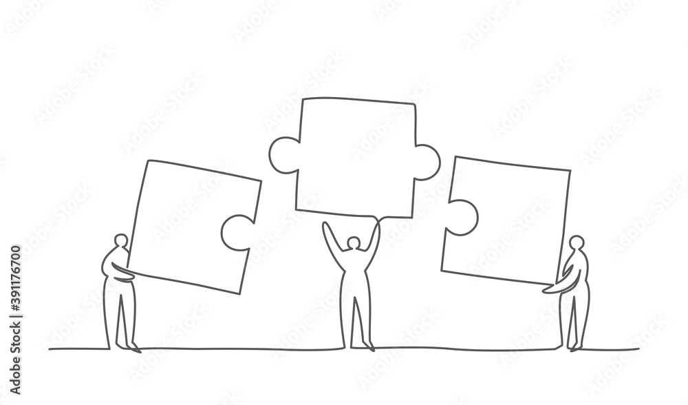 People connecting puzzle elements One line drawing Business, teamwork ...