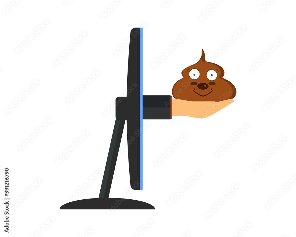 Hand holding poop. She is from a computer monitor screen. The concept ...