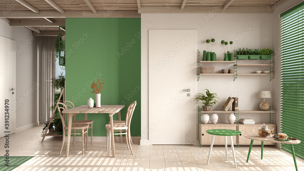 Cosy wooden sustainable living room and dining in green tones with ...