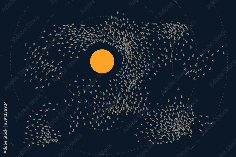 Obstacle avoidance behaviour. Crowd behaviour. Flocking boids simulation. Artificial life model ...