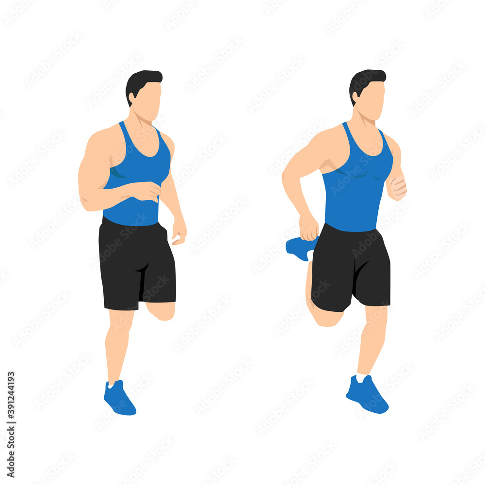 Man doing butt kicks exercise. Flat vector illustration isolated on ...
