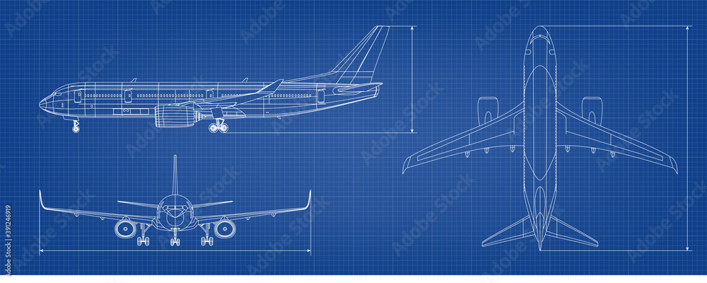 Airplane Blueprint. White Outline Aircraft On Blue Stock Vector | Adobe ...