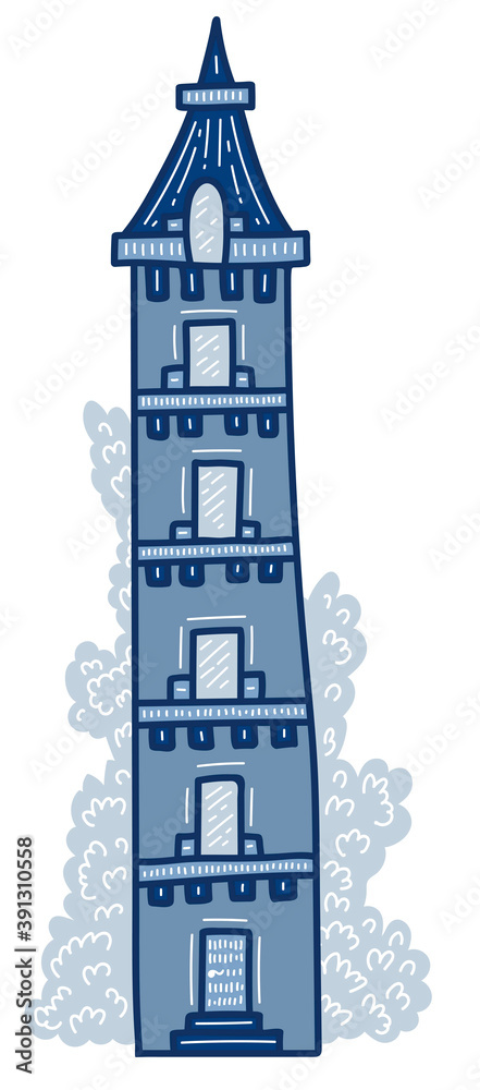 Vintage city house. Hand drawn vector doodle. Illustration with outline ...