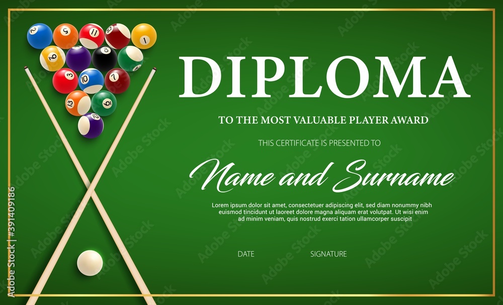 Diploma for the winner of billiard tournament, certificate vector ...