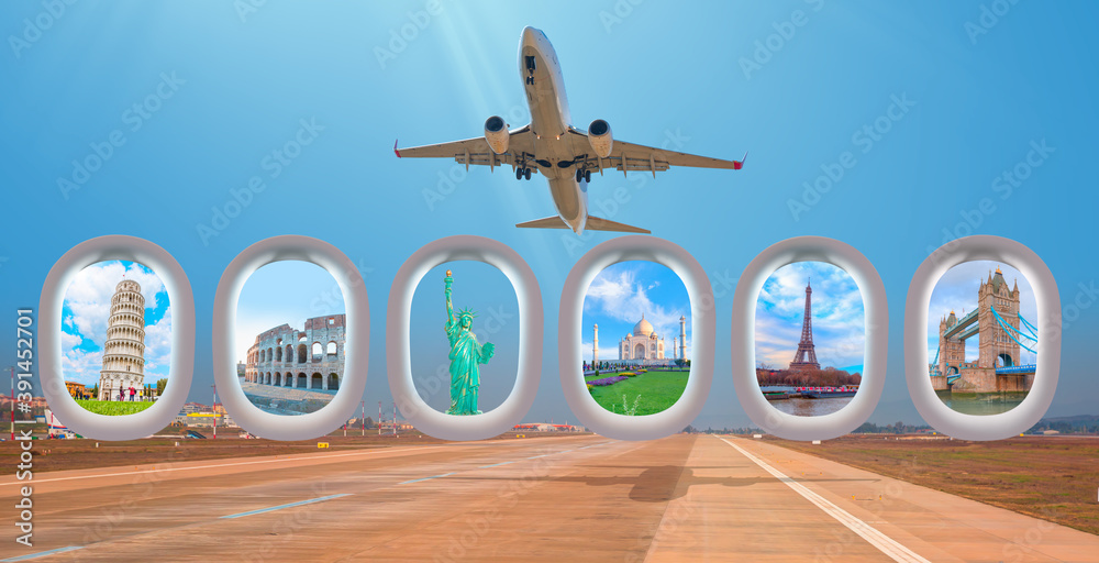 Famous monuments of the world as seen through window of an airplane ...