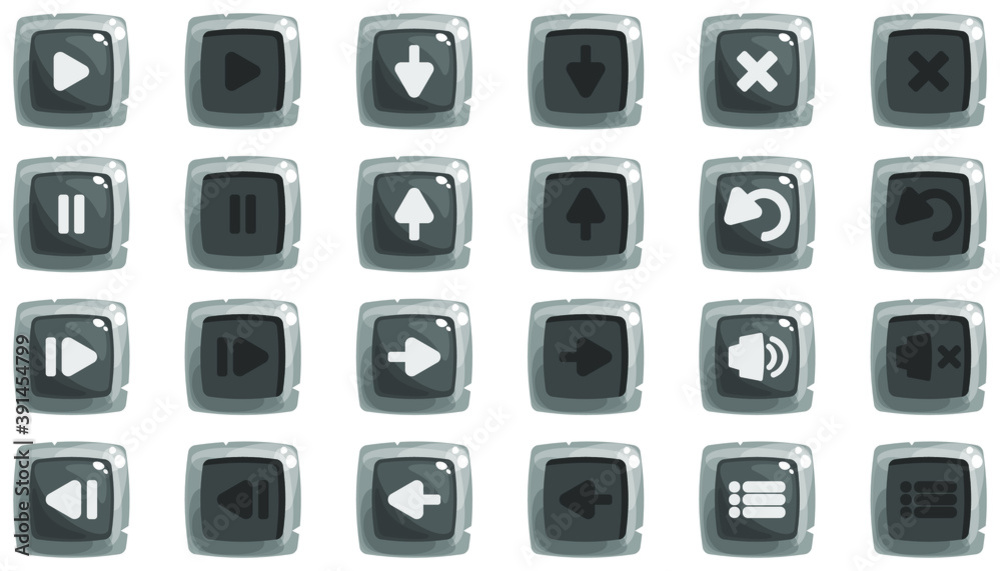 Cartoon buttons set game with icon. Kit of icons grey color in two ...