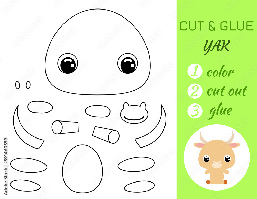 Simple educational game coloring page cut and glue sitting baby yak for ...