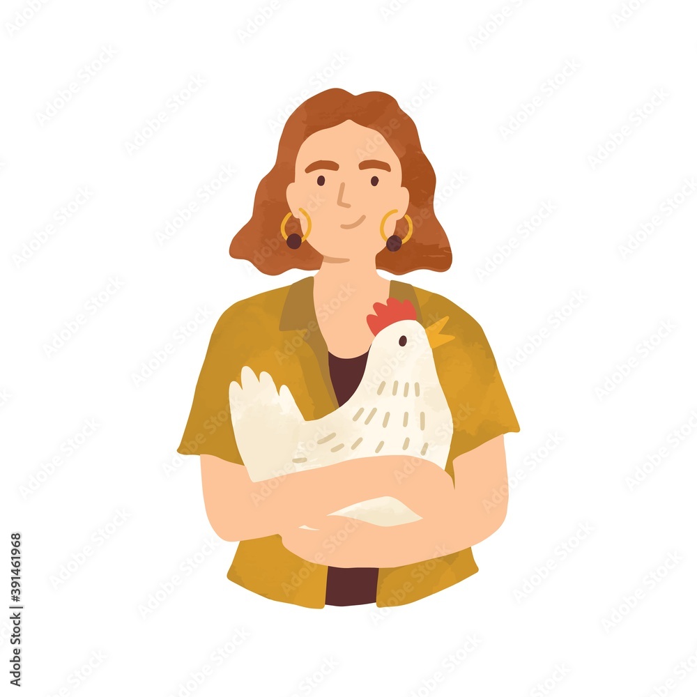Portrait of young woman holding cute hen in her arms isolated on white ...