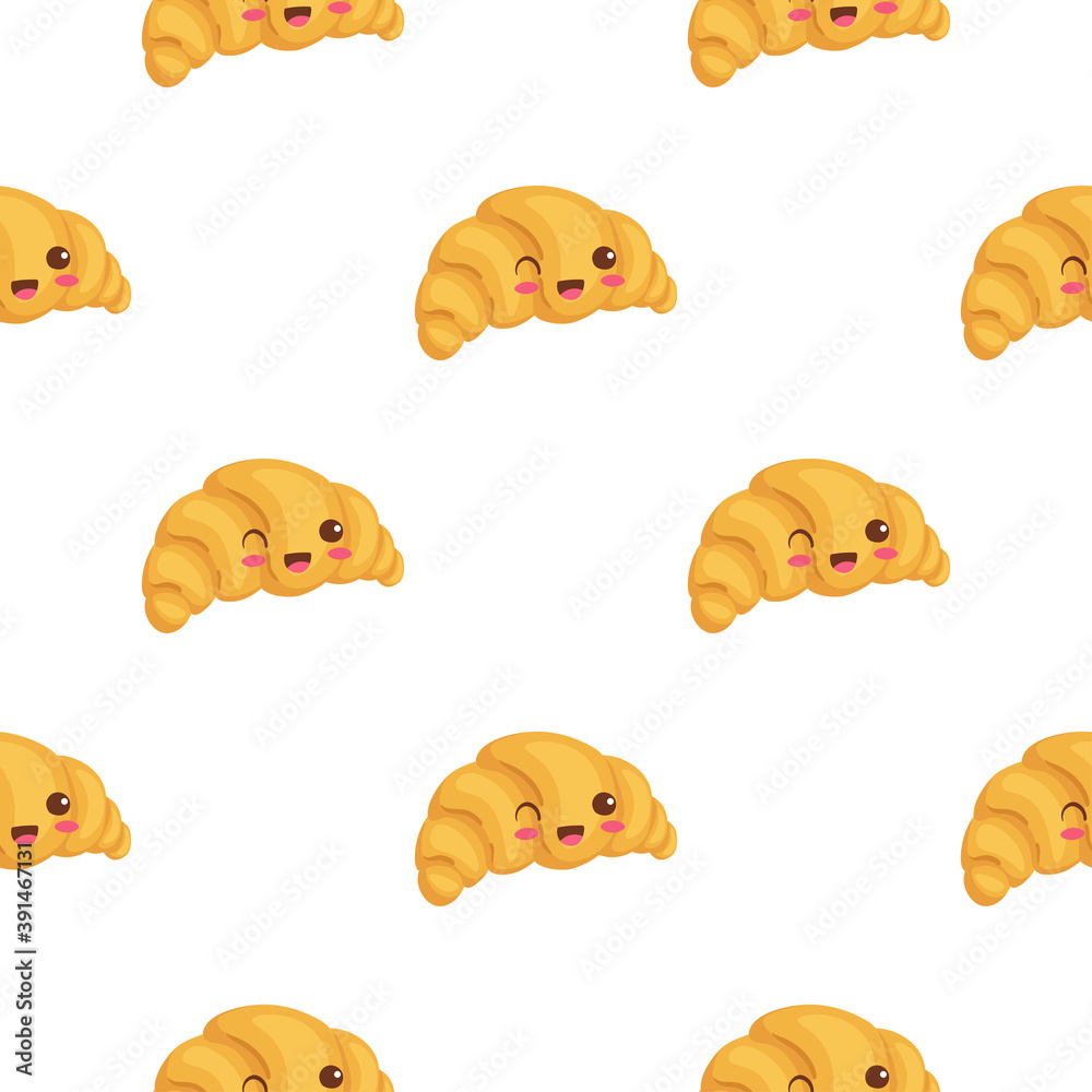 Kawaii Croissant seamless pattern. Cute vector illustration. Funny ...