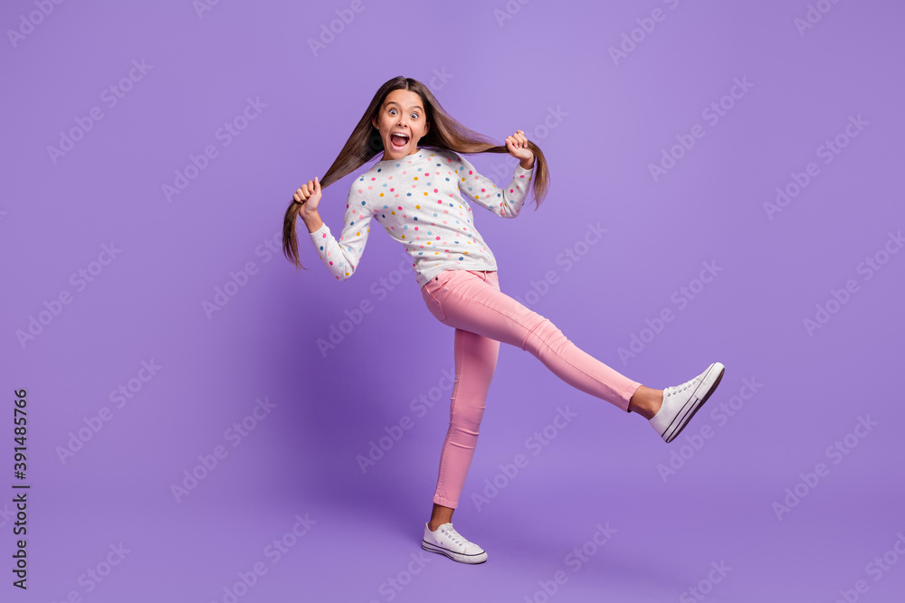 Full length body size photo of silly playful small girl grimacing ...