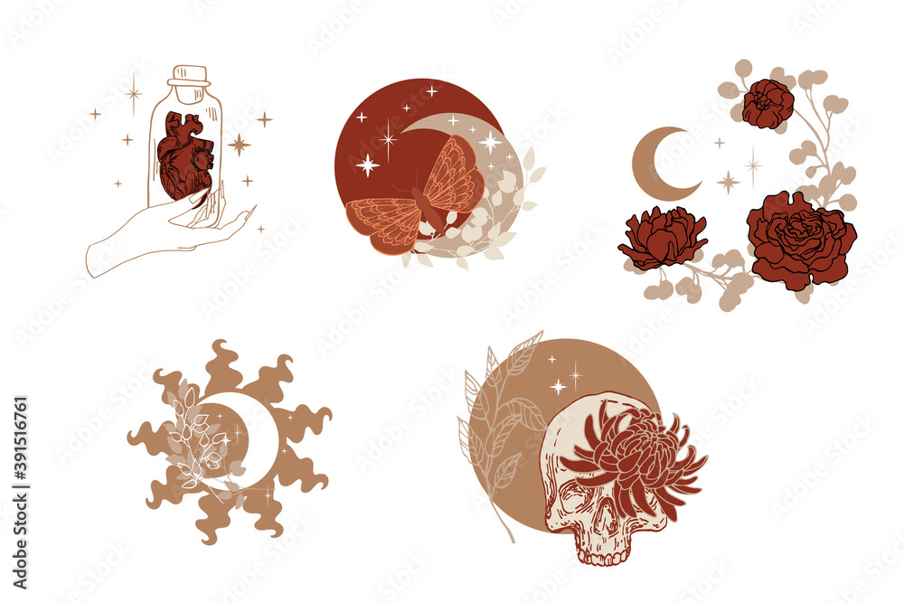 Hand drawn vector illustration of mystic items. Magical outline clipart ...
